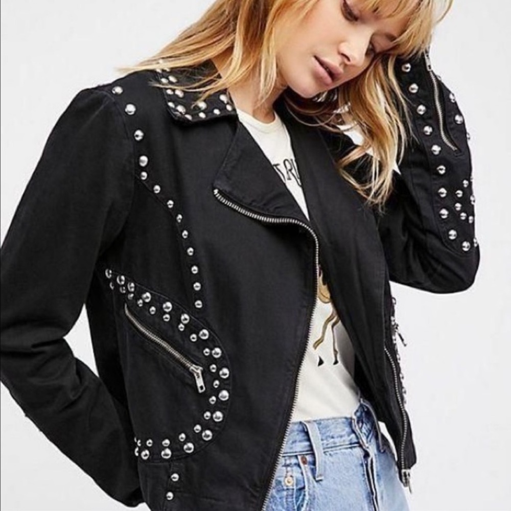 Free People Dome Studded Denim Motto Jacket - Gem